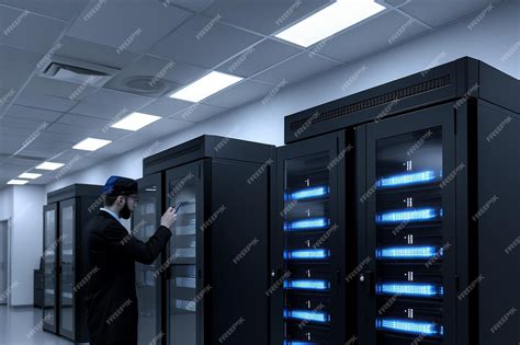 Premium Photo Engineer Deploying Server Room Temperature And Humidity Sensors