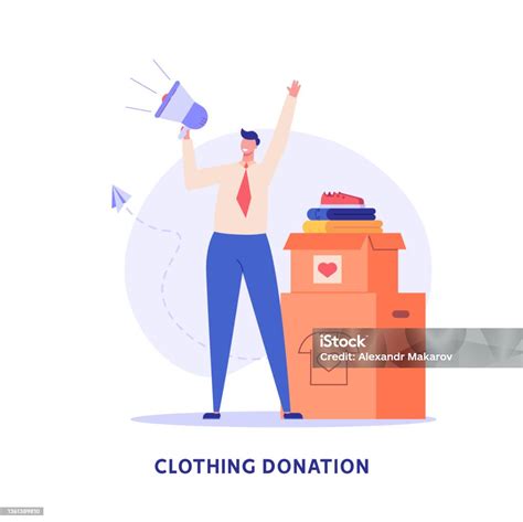 남자는 기부를 위해 메가 폰으로 소리 쳤다 가난한 사람들을 위한 기부 복장을 모으는 자원봉사자 의류 기부 자원 봉사 도움 기부 의류의 개념 자선 캠페인 벡터 플랫
