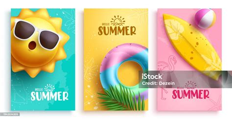 여름 안녕하세요 텍스트 벡터 포스터 세트입니다 안녕하세요 여름 인사말 카드는 선글라스 해변 부유물 및 서핑 보드 요소를 착용 한 태양과 함께합니다 여름에 대한 스톡 벡터