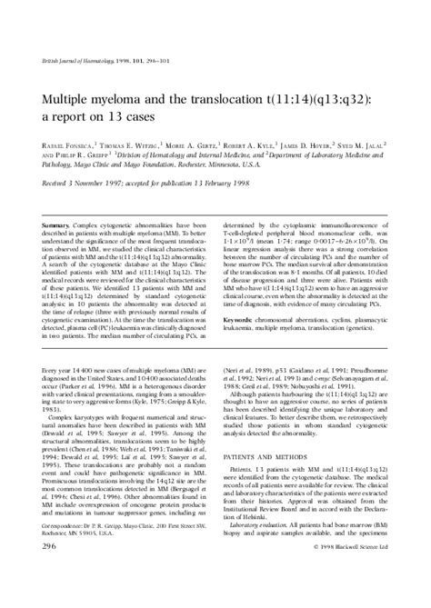 Pdf Multiple Myeloma And The Translocation T1114q13q32 A