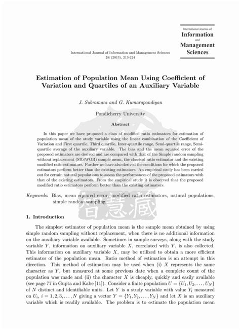 Pdf Estimation Of Population Mean Using Coefficient Of Variation And Quartiles Of An Auxiliary
