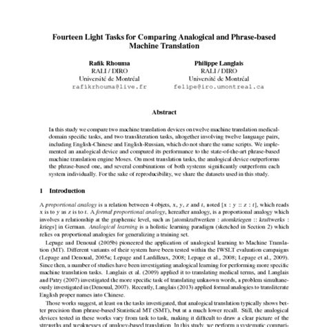 Fourteen Light Tasks For Comparing Analogical And Phrase Based Machine Translation Acl Anthology