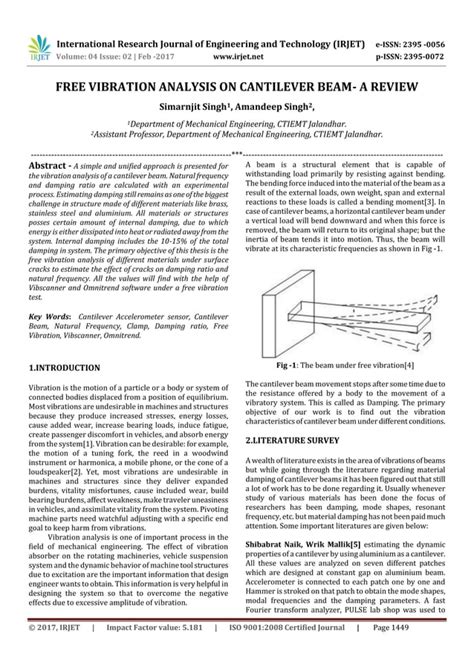 Free Vibration Analysis On Cantilever Beam A Review Pdf Physics Science