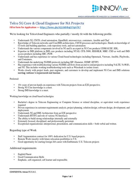 Innova Itc Telco 5g Core And Cloud Engineer For Na Projects Pdf Ip