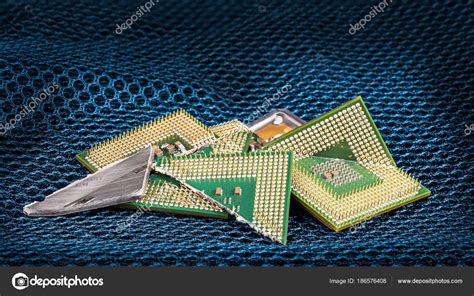 Broken Computer Processors On Blue Hexagonal Textured Mesh Stock Photo By KPixMining 186576408