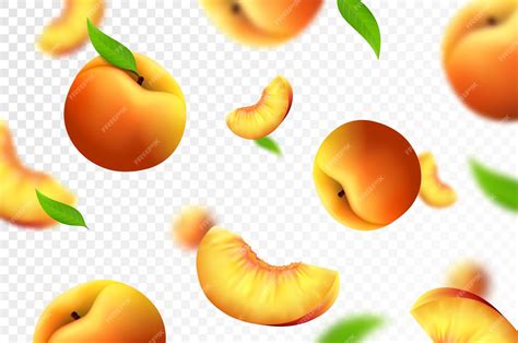 복숭아 배경 플라잉 전체 및 흐릿한 효과가 있는 복숭아 조각 벽지 배너 포스터 인쇄에 사용할 수 있습니다 현실적인 3d 벡터