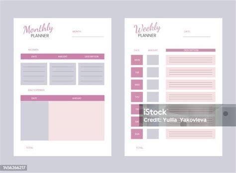 주간 및 월간 보라색 예산 플래너 재정 수입 및 지출 돈 절약 비즈니스 템플릿입니다 이코노미 현금 벡터 그림 달력에 대한 스톡 벡터 아트 및 기타 이미지 Istock