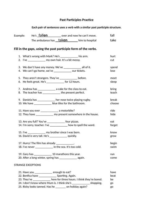 Ejercicio De Past Participles Irregular Practice Easy English Grammar Reading Comprehension