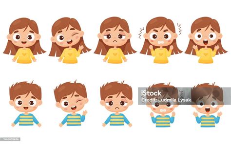 아이들의 감정을 설정하십시오 다른 얼굴 표정과 감정을 가진 귀여운 소년과 소녀의 초상화 행복 분노 미소 기쁨 경이로움 벡터 격리 된 그림 만화 스타일 디자인입니다 감각