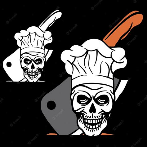 Skull Chef With Knife Hand Drawing Illustration Premium Vector