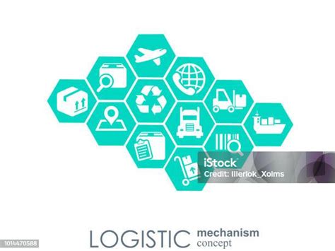 물류 메커니즘 개념입니다 유통 배달 서비스 배송 물류 수송 개념을 시장 연결 된 개체와 추상적인 배경입니다 벡터 일러스트입니다 기계류에 대한 스톡 벡터 아트 및 기타 이미지