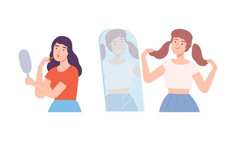 거울 세트를보고있는 아름다운 여성 립스틱을 바르고 헤어 스타일 만화 벡터 일러스트 레이 션을 만드는 쾌활한 긍정적 인 소녀 개성 개념에 대한 스톡 벡터 아트 및 기타 이미지