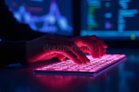 A Close Up Of Hands Typing On A Glowing Keyboard With Digital Data