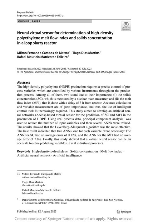 Neural Virtual Sensor For Determination Of High Density Polyethylene Melt Flow Index And Solids