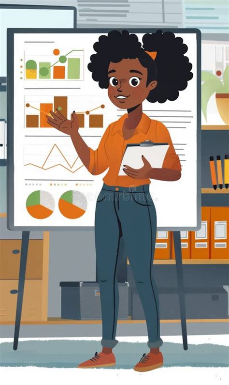 Colorful Illustration Of Woman Presenting Data Charts On Board In Office Environment Or On Scene