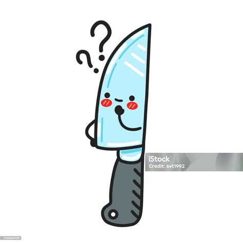 물음표와 귀여운 재미 부엌 요리사 칼 캐릭터 벡터 플랫 만화 가와이 캐릭터 일러스트 아이콘 흰색 배경에 격리 요리사 요리 칼 만화 캐릭터 개념 가공의 인물에 대한 스톡 벡터