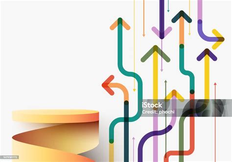 3d 현실적인 빈 노란색 연단 스탠드 소용돌이 나선형 리본 화살표 방법 대각선 방향 다채로운 흰색 배경에 겹침 3차원 형태에 대한 스톡 벡터 아트 및 기타 이미지 Istock