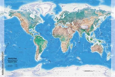 Large Watercolor World Map In Gall Stereographic Projection Wall Mural Wallpaper