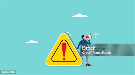 경고 발표를 하는 사업가는 주의 느낌표 기호가 있는 확성기를 사용합니다 주의 또는 경고 정보 속보 또는 긴급 메시지 통신 중요 공지 사항 개념에 대한 스톡 벡터 아트 및