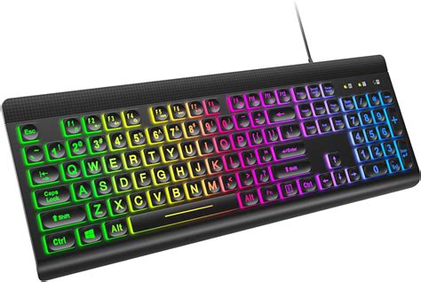 TRAHOO Large Print Backlit Keyboard USB Wired Computer Keyboards With Rainbow Illuminated LED