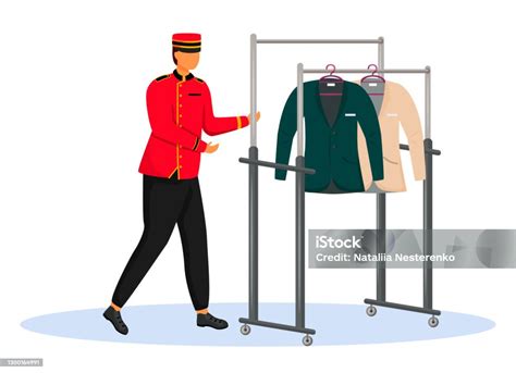 빨간색 유니폼 플랫 컬러 벡터 일러스트레이션의 포터 벨맨이 옷으로 수레를 들고 다다 장비 서비스 직원이 있는 호텔 직원 흰색