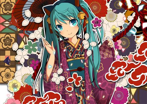 壁纸 插图 动漫女孩 Vocaloid 初音未来 和服 漫画 艺术 曼加卡 1600x1132 Youngscum