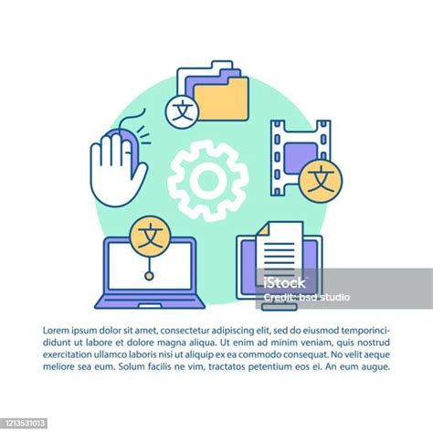 디지털 미디어 번역 기사 페이지 벡터 템플릿입니다 콘텐츠 관리 브로셔 잡지 선형 아이콘과 텍스트 상자소책자 요소 인쇄 디자인