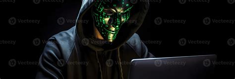 Unveiling The Enigmatic World Of Cybercrime A White Masked Hacker S Front View Amidst Dark Hood