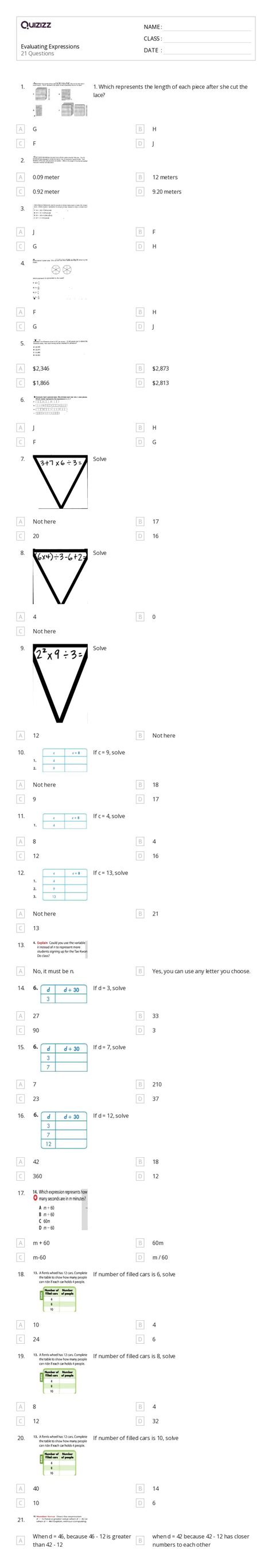 50 Evaluating Expressions Worksheets On Quizizz Free And Printable