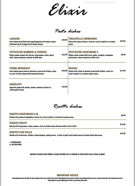 Menu At Elixir Restaurant Richmond