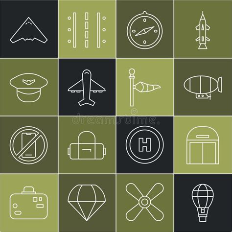 Set Line Hot Air Balloon Aircraft Hangar Airship Compass Plane