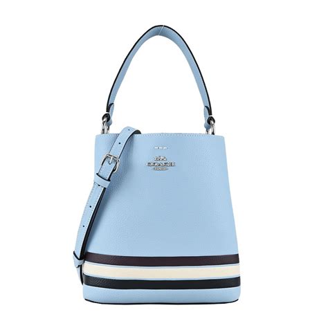 Coach 蔻馳 經典馬車三色條紋撞色皮革水桶包小淺藍 Pchome 24h購物