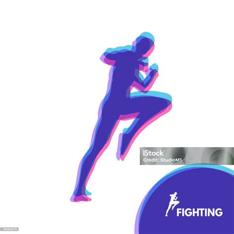 Kickbox 파이터 높은 킥을 실행을 준비 하 고입니다 싸우는 남자의 실루엣입니다 스포츠 디자인 서식 파일입니다 훈련의 상징 벡터 일러스트입니다 가라테에 대한 스톡 벡터