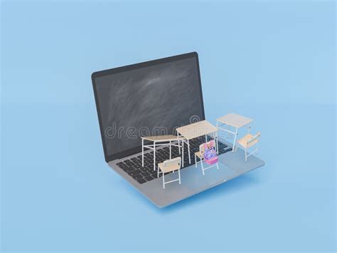 Miniature Classroom Desks Floating On Laptop Keyboard In A Blue