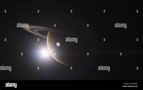 Illustration Cinematic 3d Animation Of Saturn And Its Moon Mimas Or Titan In Outer Space