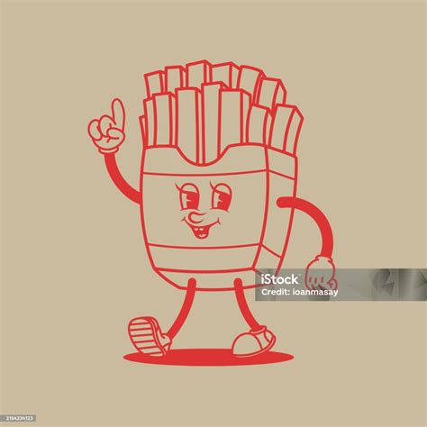 만화 캐릭터입니다 감자 튀김의 복고풍 특성 고무 호스 감자 튀김 만화 마스코트 엠블럼 간판 포스터 메뉴 카드의 디자인 요소입니다 벡터 일러스트 레이 션 프렌치 프라이에 대한