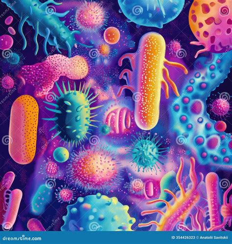 Diverse Microscopic Microbes Showcased In Vibrant Colors Illustrating