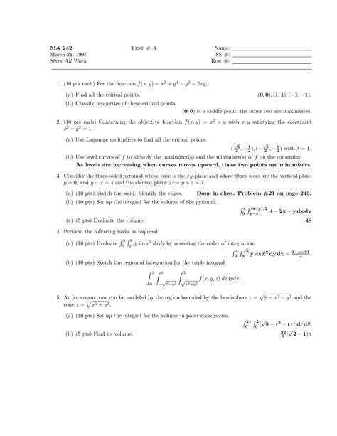 Ma 242 Test 3 Calculus Problem Solutions Exams Advanced Calculus Docsity