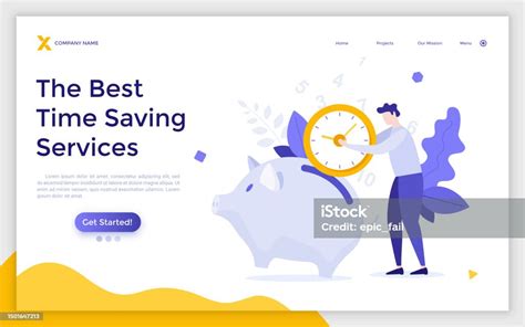 남자가 돼지 저금통에 시계 페이스를 넣는 랜딩 페이지 템플릿 시간 절약 서비스 계획 기술 일정 작업 조직 및 관리의 개념 현대 평면 벡터 그림입니다 개념에 대한 스톡 벡터