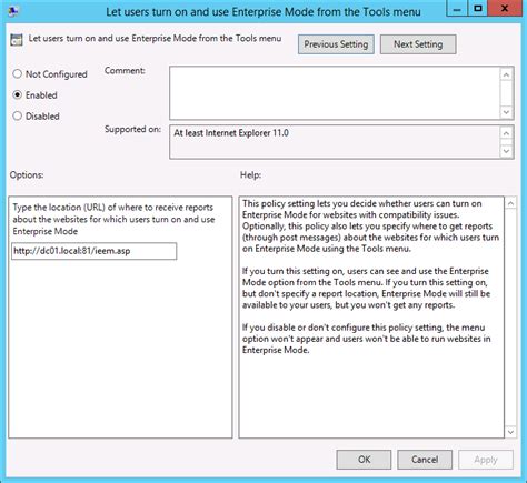 how to setup internet explorer 11 enterprise mode logging group policy central