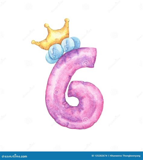 Watercolor Cute Number 6 Number Six With Crown Stock Illustration Illustration Of Girl Icon
