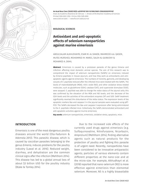 Pdf Antioxidant And Anti Apoptotic Effects Of Selenium Nanoparticles Against Murine Eimeriosis