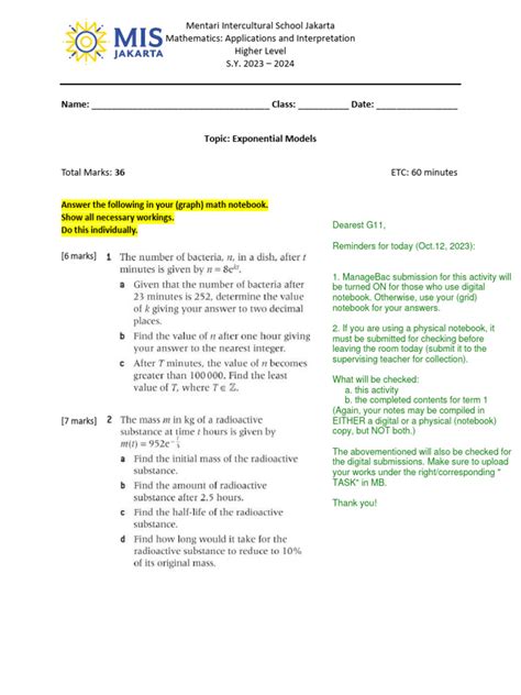 Week 11 October 12 Exponential Modelling Pdf