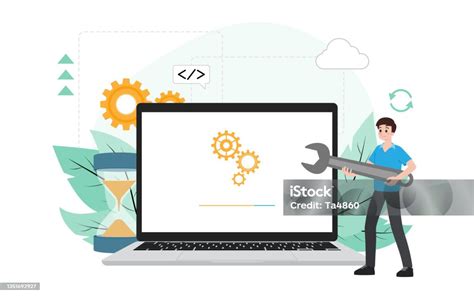랩톱에서 소프트웨어 업그레이드 프로세스를 갖춘 It 관리자 디지털 시스템 장치 관리 네트워크 업키핑 컴퓨터 시스템 구성 개념 시스템 유지 보수 응용 프로그램 벡터입니다