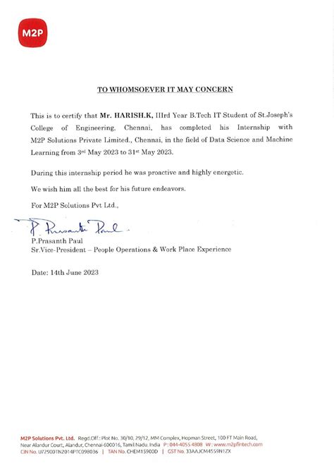 Harish K On Linkedin Completed My Data Science And Ml Internship At M2p Fintech