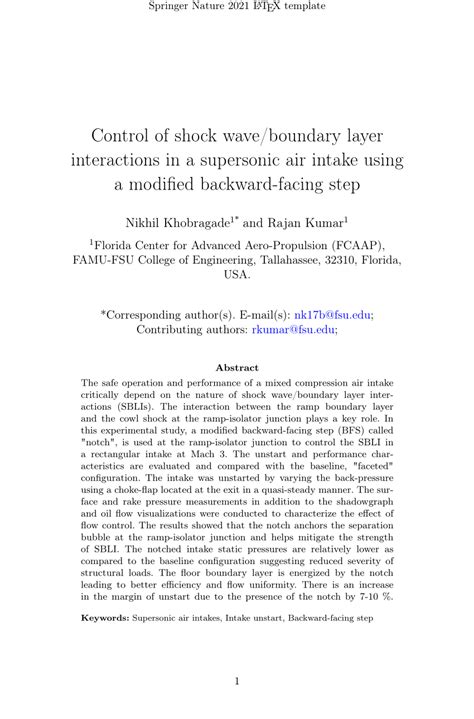 Pdf Control Of Shock Waveboundary Layer Interactions In A Supersonic
