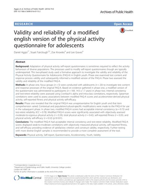 Pdf Validity And Reliability Of A Modified English Version Of The Physical Activity