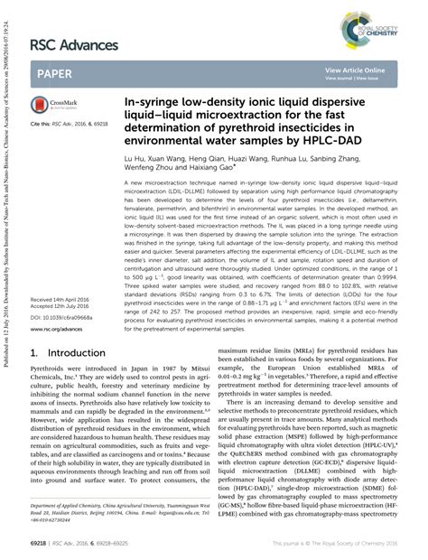 Pdf In Syringe Low Density Ionic Liquid Dispersive Liquid Liquid Microextraction For The Fast