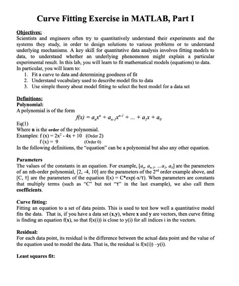 Curve Fitting Exercise In MATLAB Part I Objectives Chegg