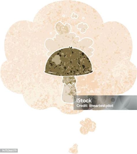 그런 지 고민 복고풍 질감 스타일에 생각 거품이 있는 포자 구름이 있는 만화 버섯 구름에 대한 스톡 벡터 아트 및 기타 이미지 구름 귀여운 균류 Istock